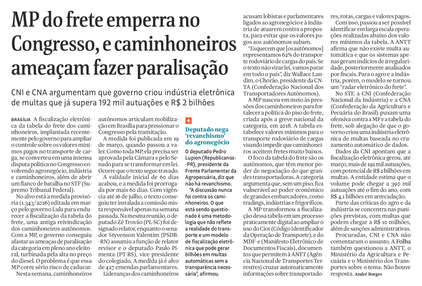 Rede Clipping: MP do frete emperra no Congresso sob pressão do agro e ...