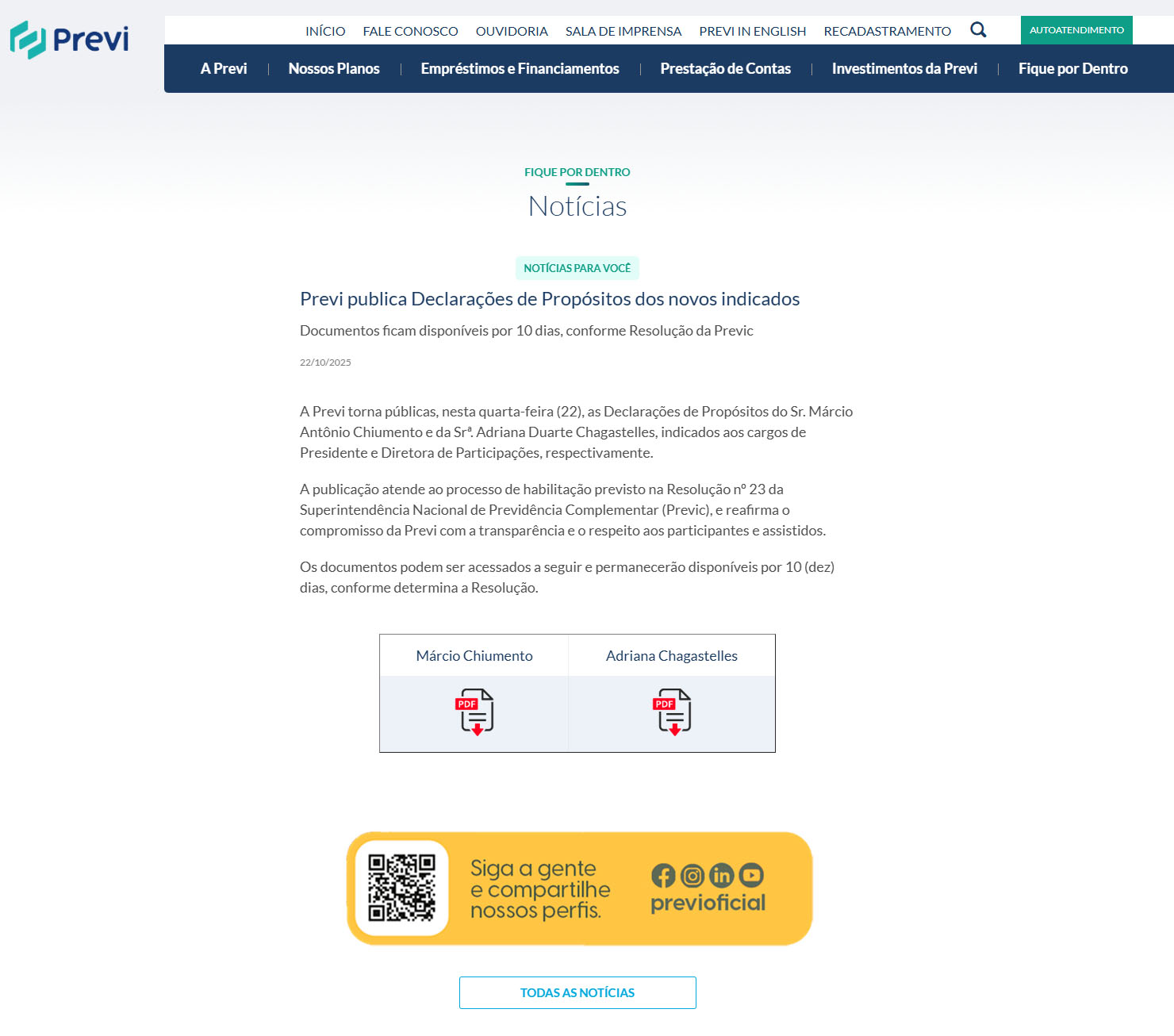 Rede Clipping: Previ publica Declarações de Propósitos dos novos indicados